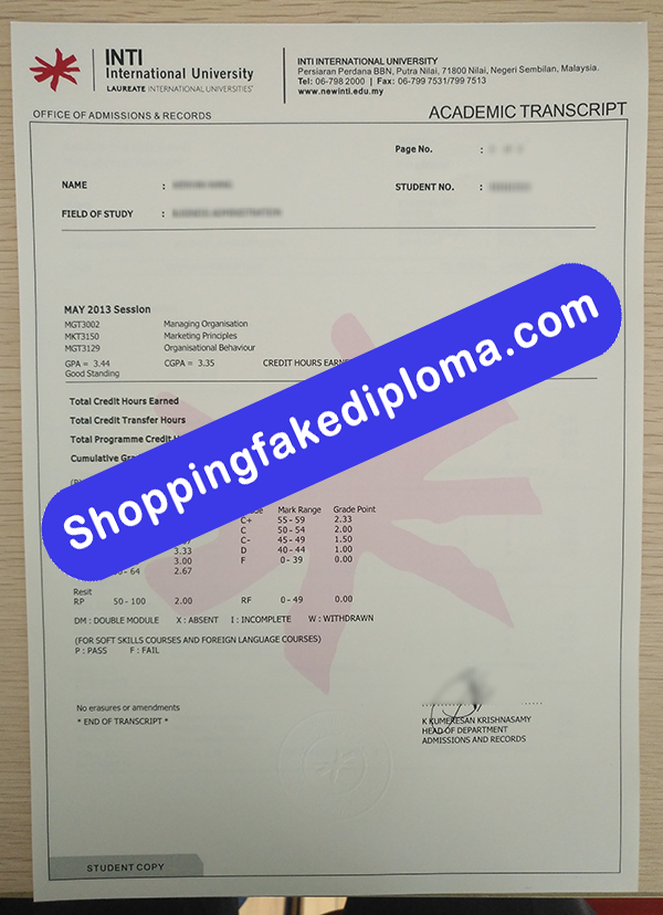 Fake INTI University Transcript | Buy fake Diploma|Buy Degree ...